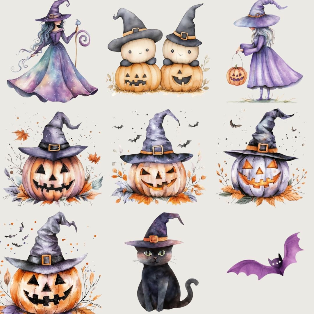 Cute Halloween Watercolor Clipart, PNG, Pastel Halloween Clip Art ...