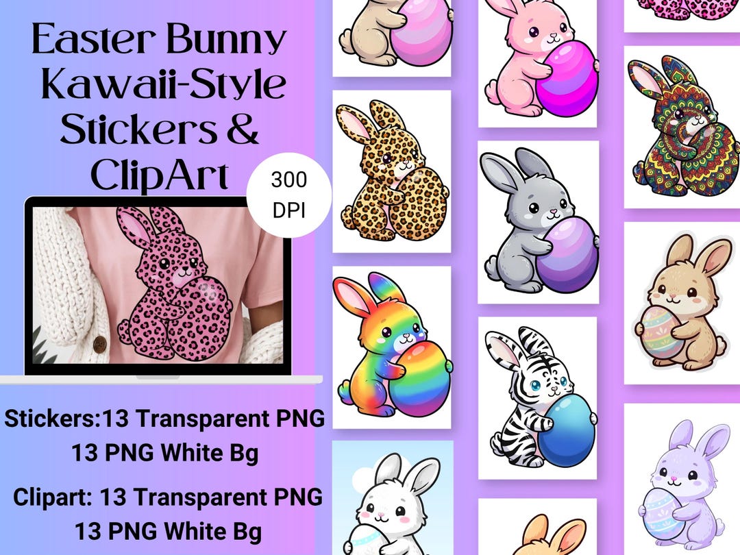 Kawaii Easter Bunny Stickers & Clipart | Colorful Egg Designs (digital ...