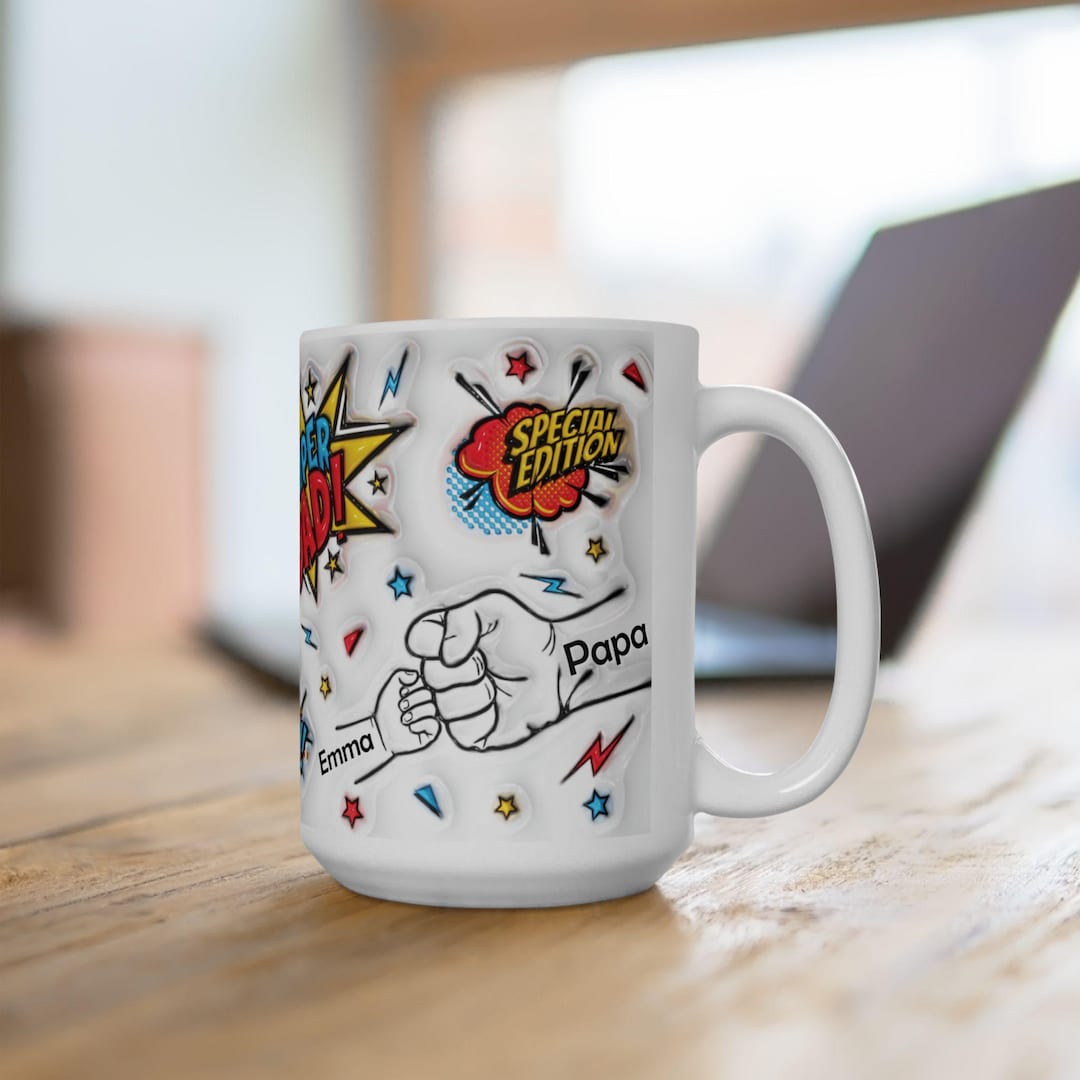 Personalized Super Dad 3D Inflated Mug With Kids' Hands Custom Cup With ...