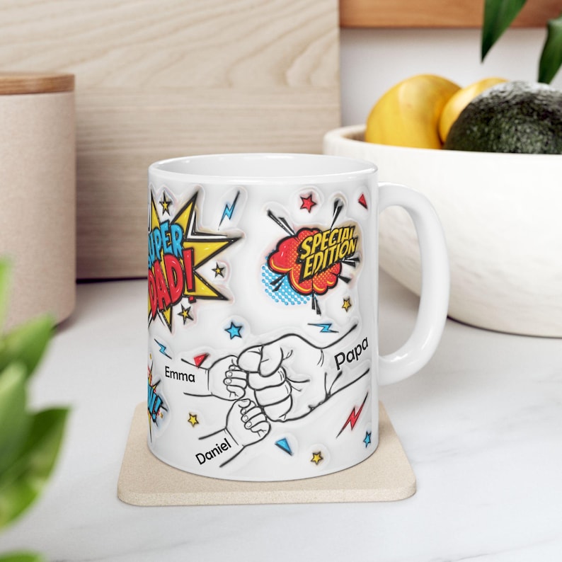 Personalized Super Dad 3D Inflated Mug With Kids' Hands Custom Cup With ...