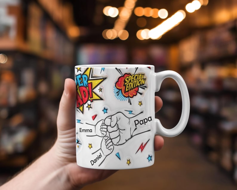 Personalized Super Dad 3D Inflated Mug With Kids' Hands Custom Cup With ...
