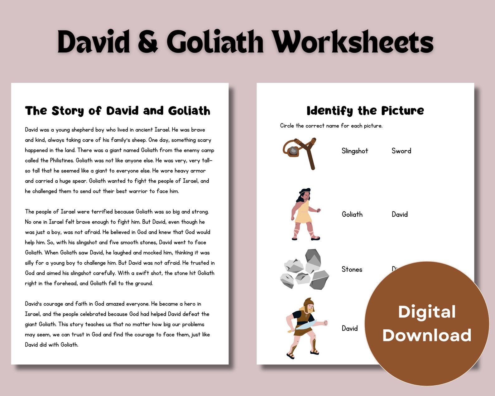 Engaging Kids Bible Worksheets, David and Goliath Lesson, Interactive ...