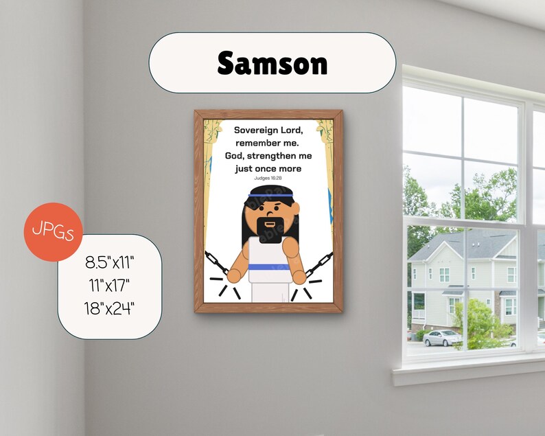 Samson Bible Character Printable Judges Scripture Kids Wall Art Toddler Nursery Decor Church ...