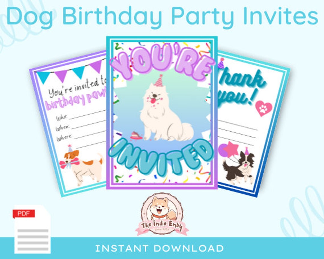Printable Dog Birthday Invitation and Thank You Card Cool Colors, Puppy ...