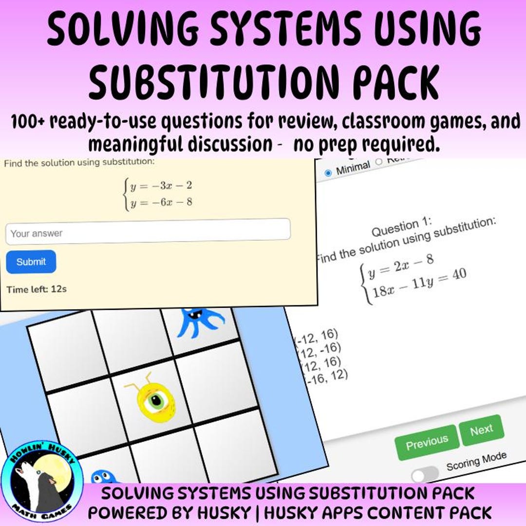 Solving Systems Using Substitution Pack |digital Games, Multiple Choice ...