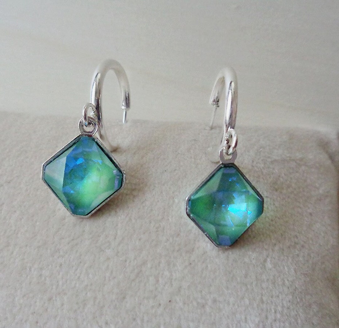 Swarovski Crystal Semi Hoop and Drop Fancy Prismatic Square Stone Earrings,crystal Sage Delite ...