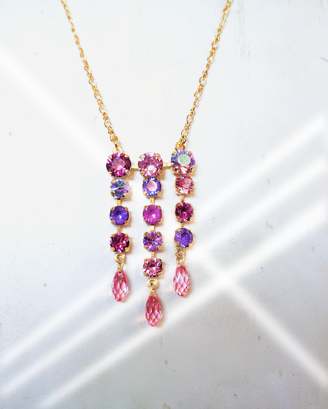 Swarovski Crystal Waterfall Drop Necklace Pink ,purple,gold Plated - Etsy