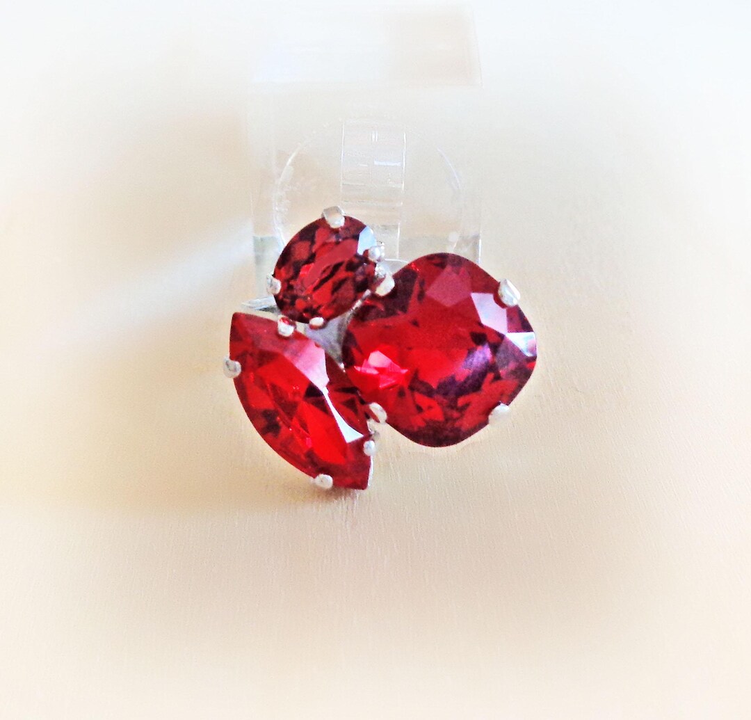 Austrian Crystal Multistone Ring Ruby Red,scarlet,silver Plated - Etsy