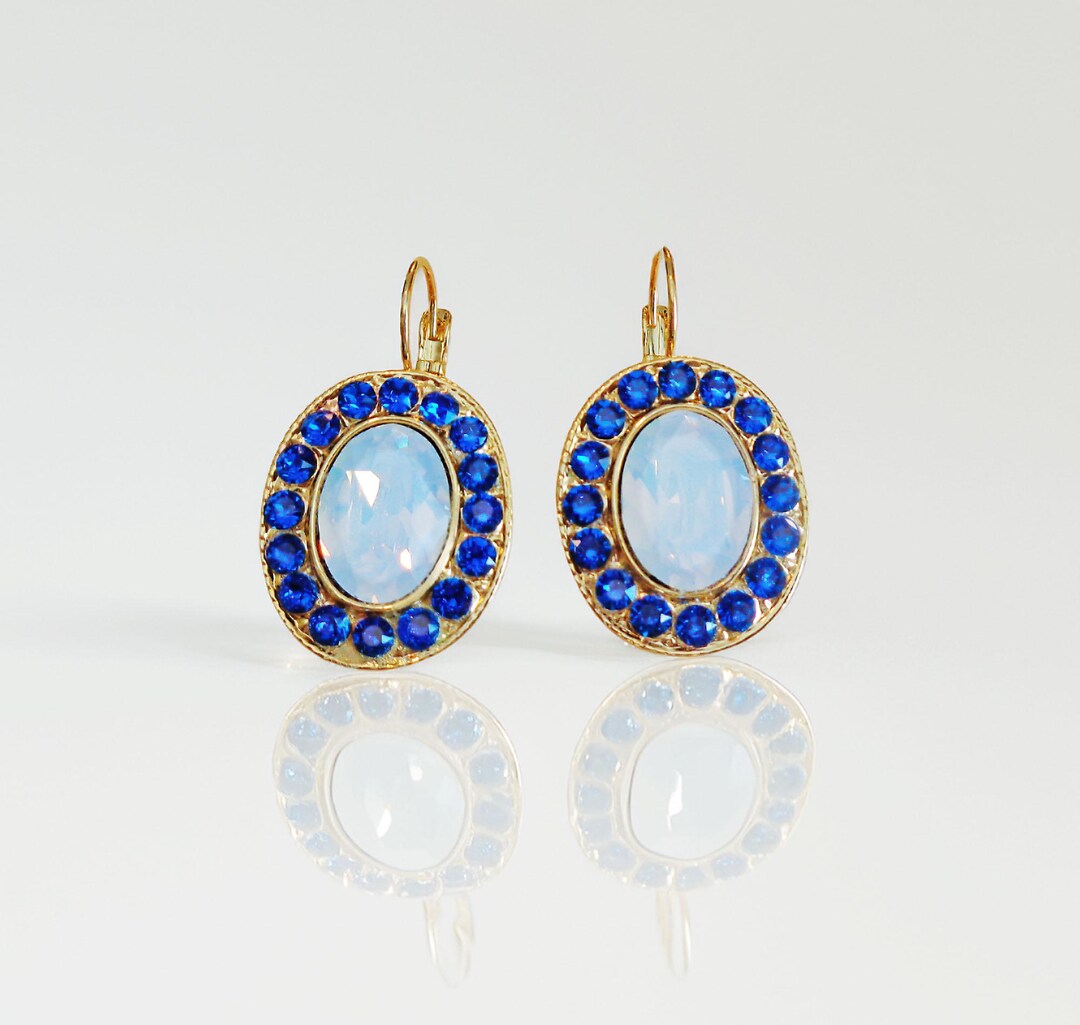 GEMMA Gorgeous ,swarovski Crystal Oval Drop Earrings,white Opal,capri Blue,yellow Gold Plated - Etsy