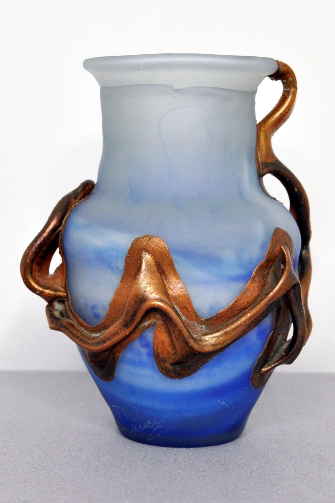 Vintage Romanian Blown Glass Vase Frosted Blue With Copper Overlay Hand ...