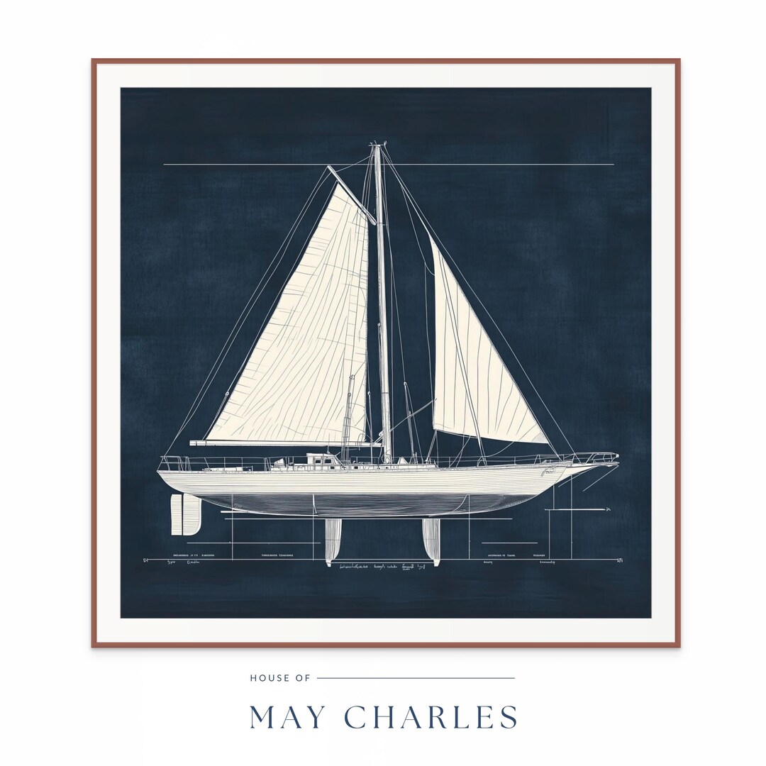 Sailboat Blueprint Art Print Nautical Wall Decor Boat Plan Sketch on ...