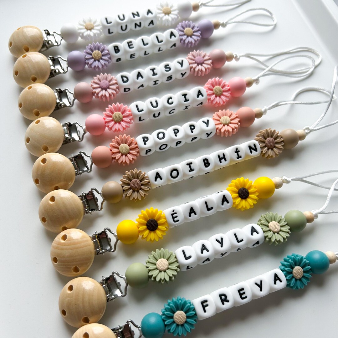 Personalised Soother Clip With Daisy Flower, Custom Name Dummy Chain ...
