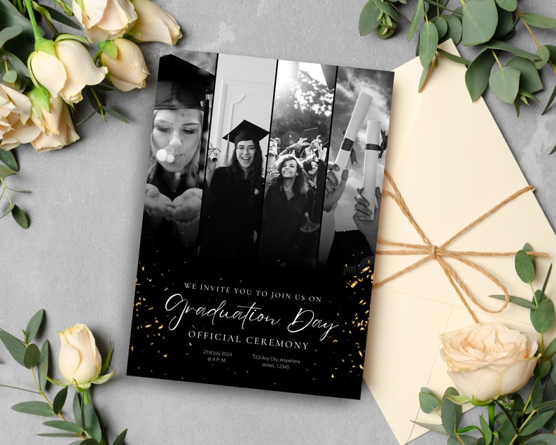 Black Gold Graduation Invitation Card, Photo Collage, Personalized Grad ...