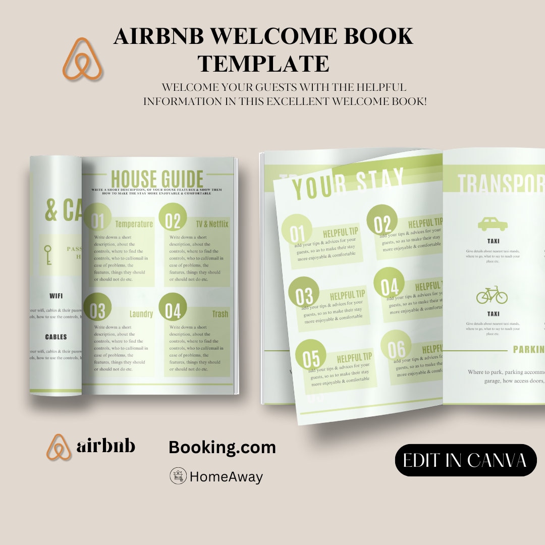 Editable Green Airbnb Guest Book for Hosts - House Rules Notebook ...