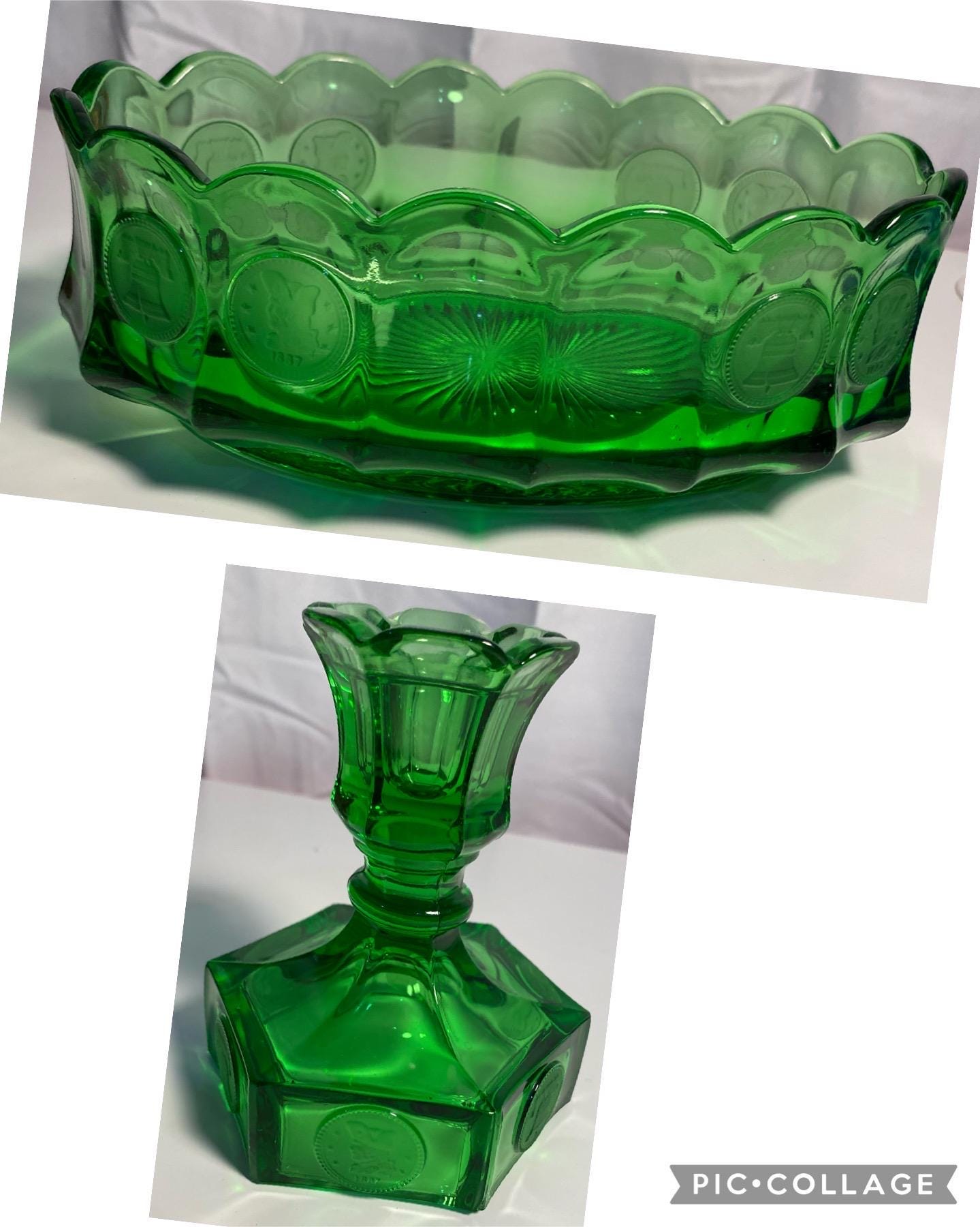Fostoria Vintage Emerald Green Coin Motif Oval Glass Bowl and Candle ...