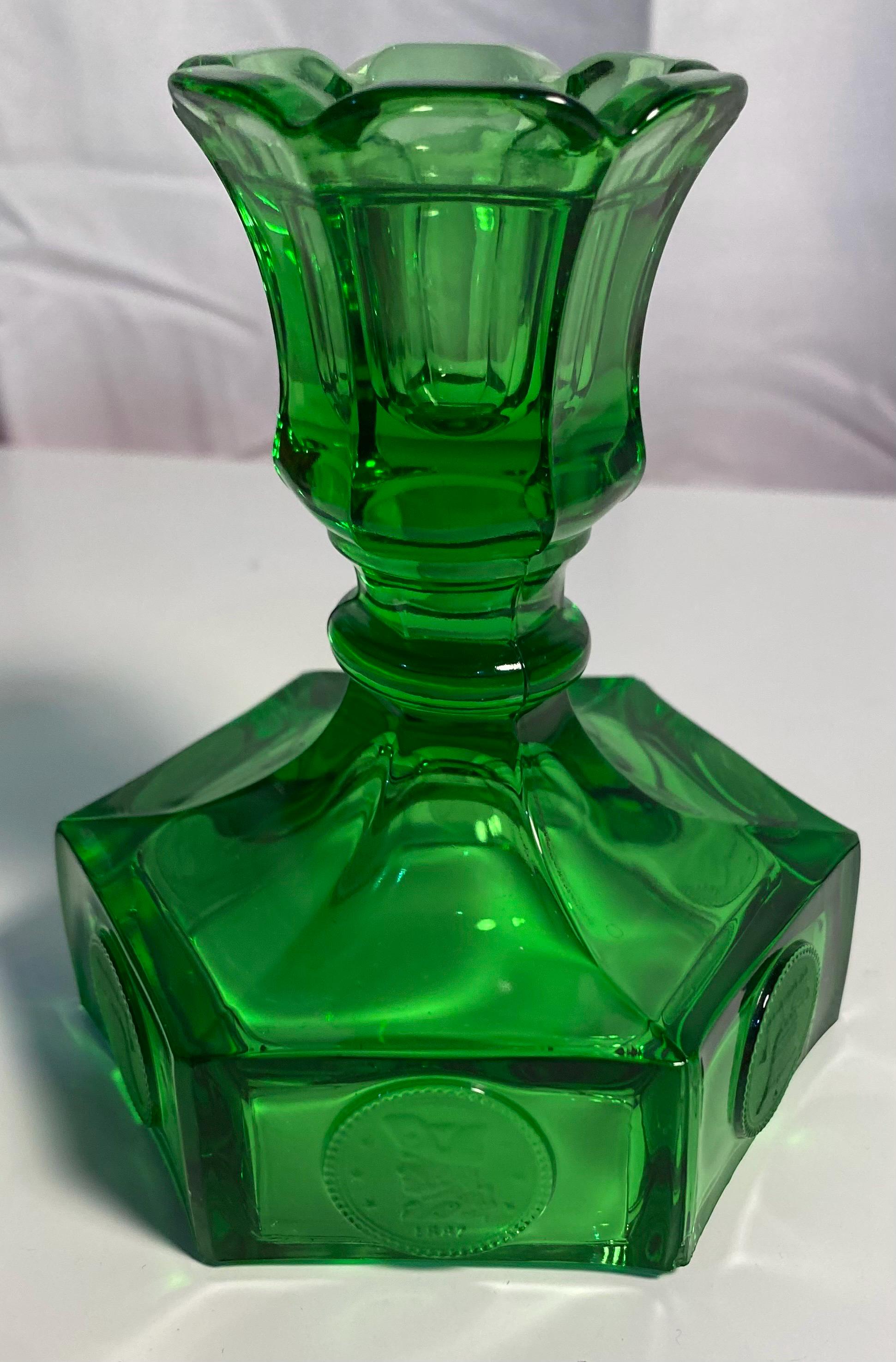 Fostoria Vintage Emerald Green Coin Motif Oval Glass Bowl And Candle Stick Holder Set Etsy