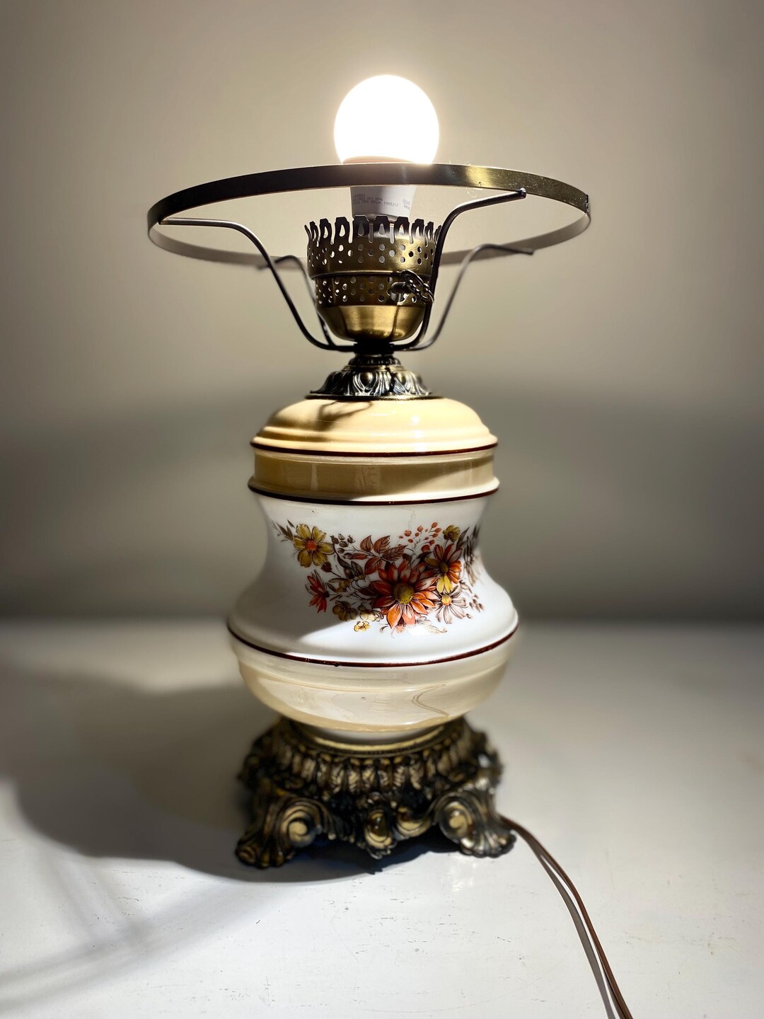 Vintage Hurricane Lamp, Tan With Autumn Florals, Base Only - Etsy