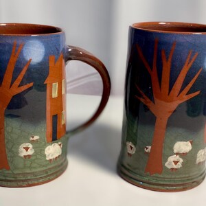 Pottery Mugs, Folk Art Style, Houses, Sheep, and Trees, by Vaughn L ...