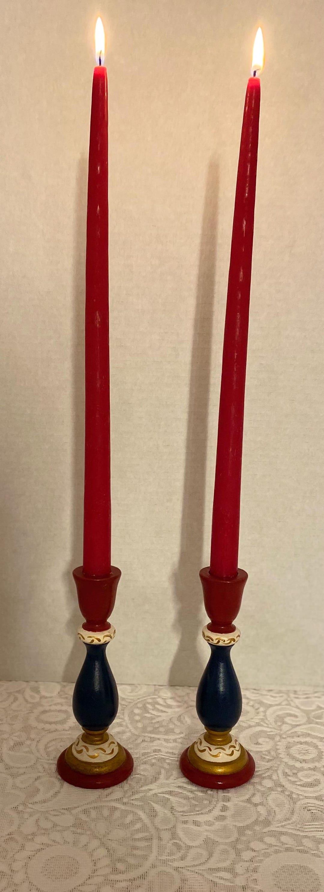 Painted Wood Christmas Candlesticks, Set of Two - Etsy