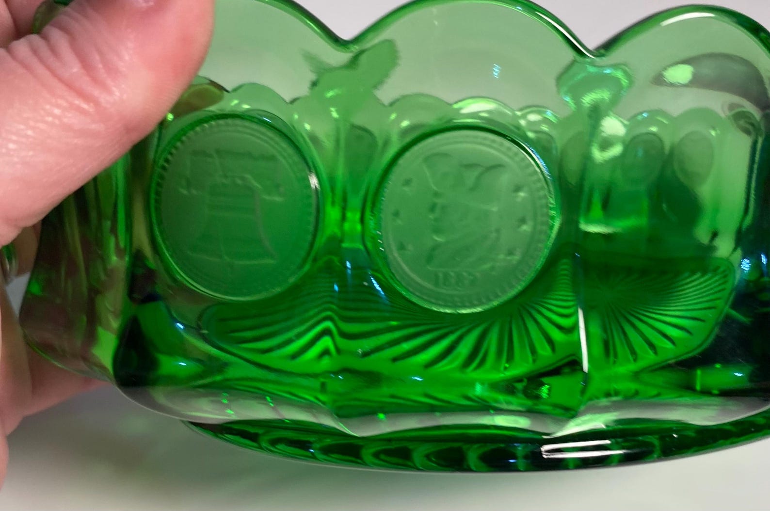 Fostoria Vintage Emerald Green Coin Motif Oval Glass Bowl and Candle ...