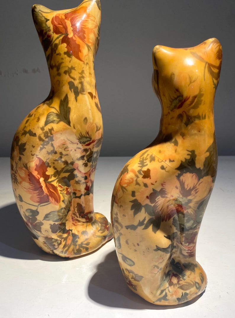 Vintage Floral Decoupage Patchwork Porcelain Calico Cat Figurines by ...