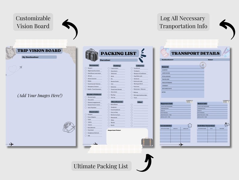 Printable Travel Planner Kit: Digital Journal, Itinerary Template ...