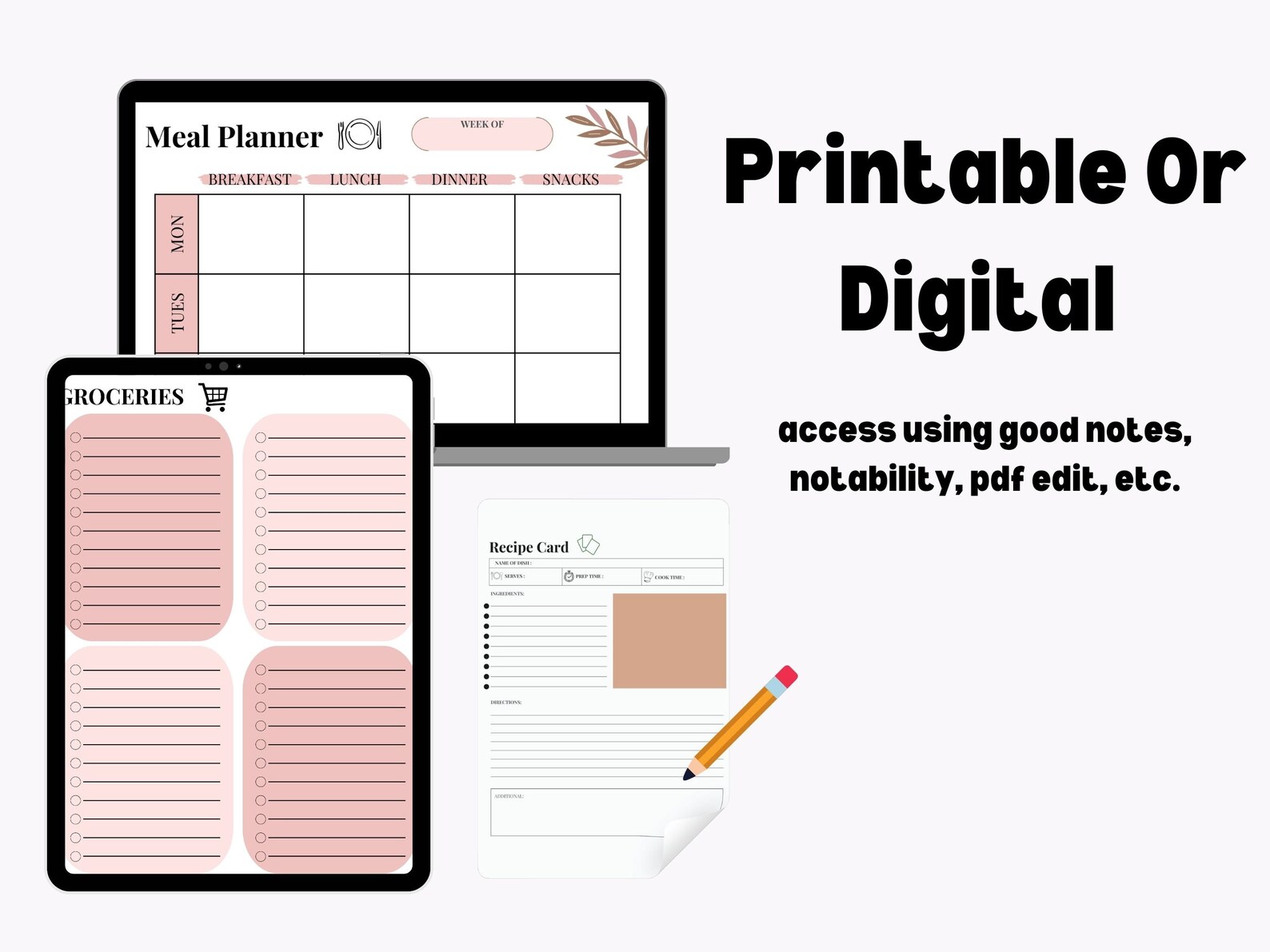 Digital & Printable Weekly Meal Planner With Grocery List Template ...