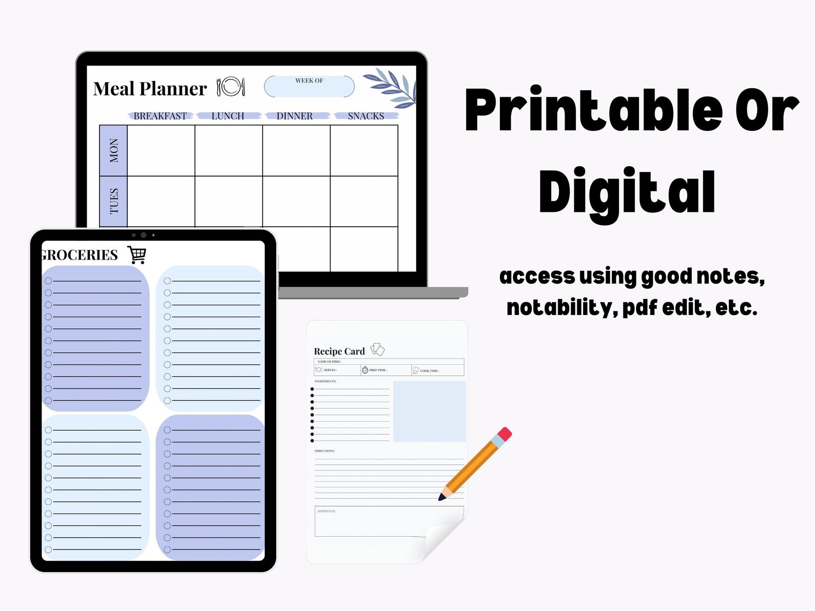 Printable or Digital Meal Plan With Grocery List Template, Weekly Meal ...