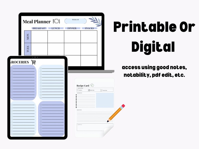 Printable or Digital Meal Plan With Grocery List Template, Weekly Meal ...