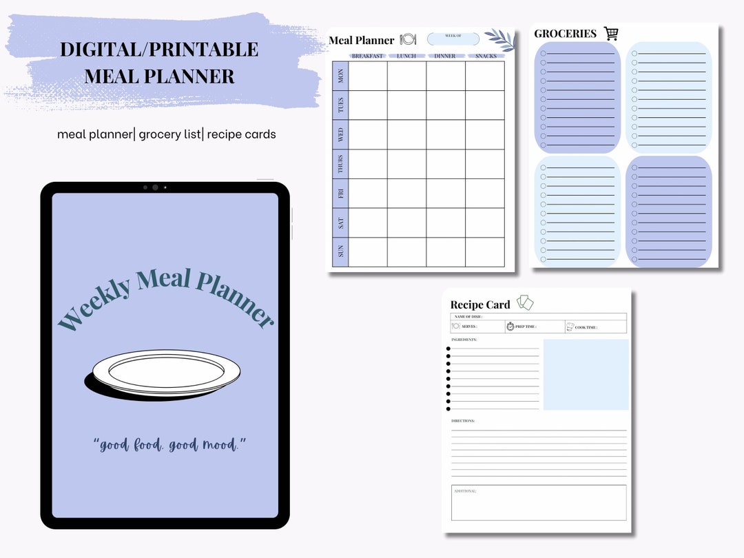 Printable or Digital Meal Plan With Grocery List Template, Weekly Meal Planner, Recipe Cards ...