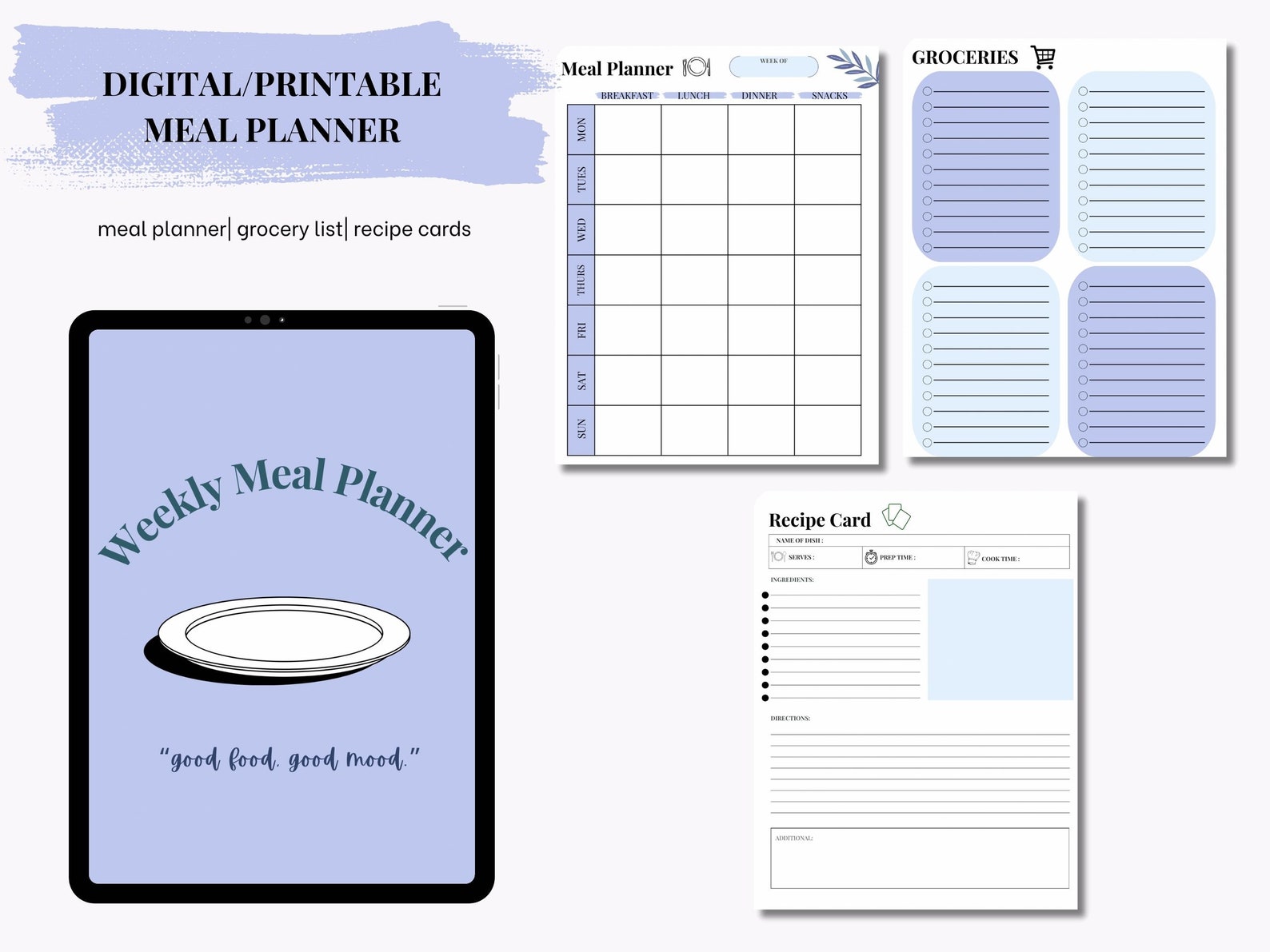 Printable or Digital Meal Plan With Grocery List Template, Weekly Meal ...