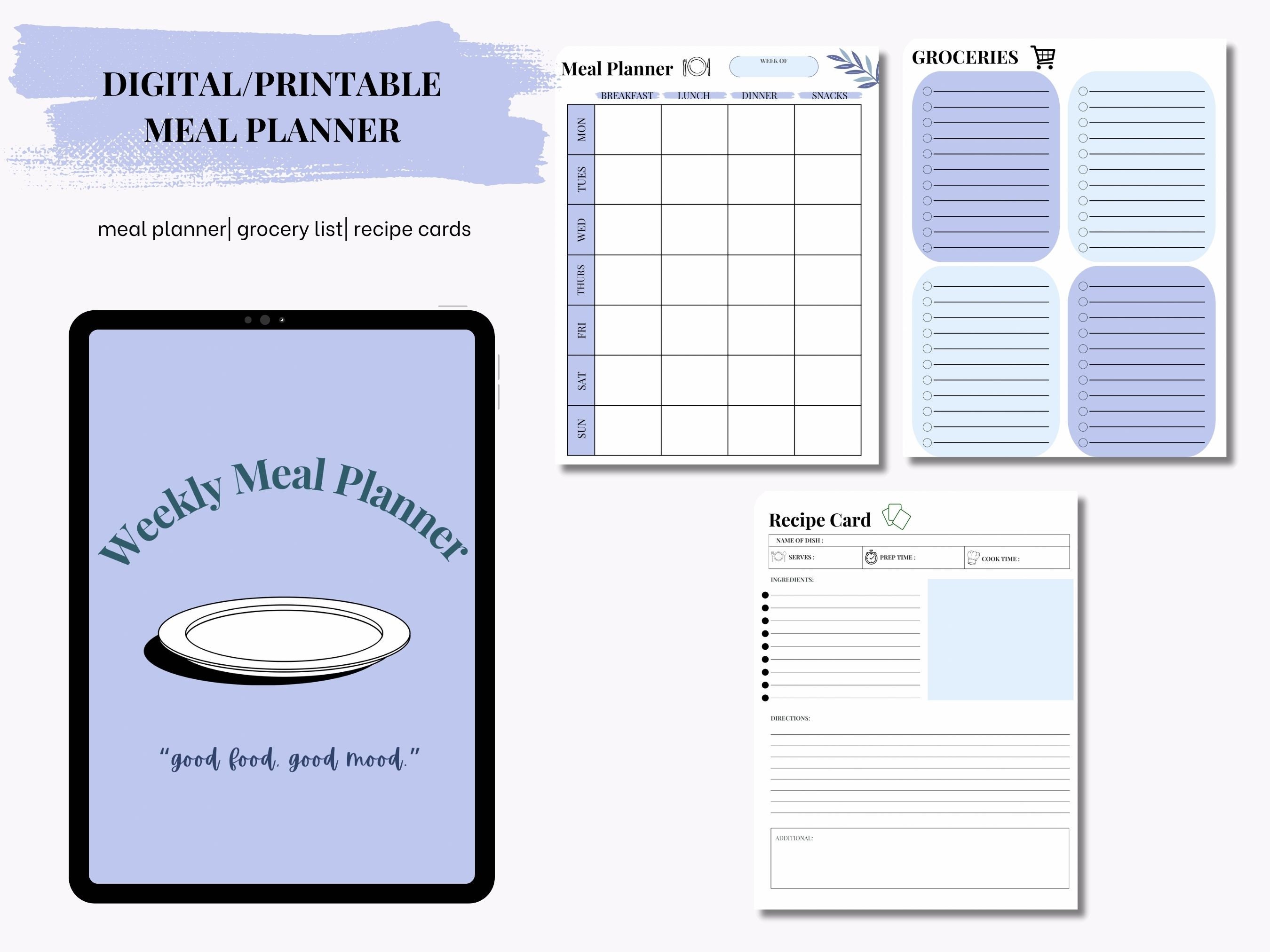 Printable or Digital Meal Plan With Grocery List Template, Weekly Meal ...