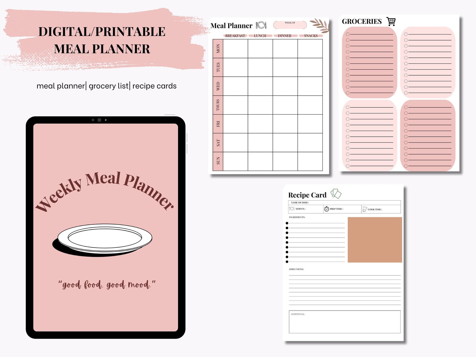 Digital & Printable Weekly Meal Planner With Grocery List Template ...