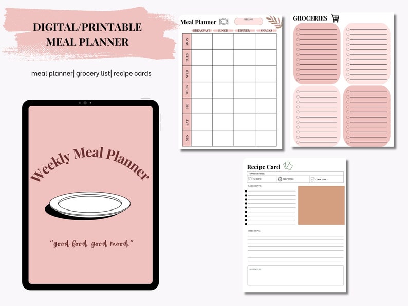 Digital & Printable Weekly Meal Planner With Grocery List Template ...