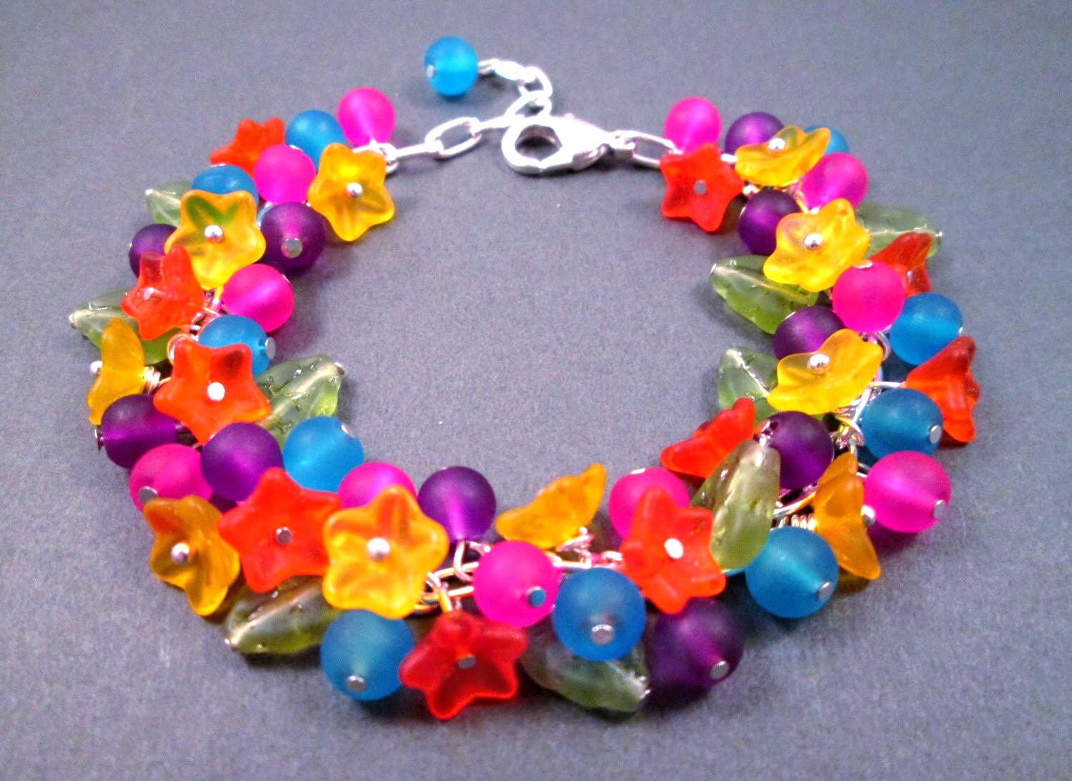 Flower Charm Bracelet, Frosty Rainbow Bouquet, Colorful and Silver ...