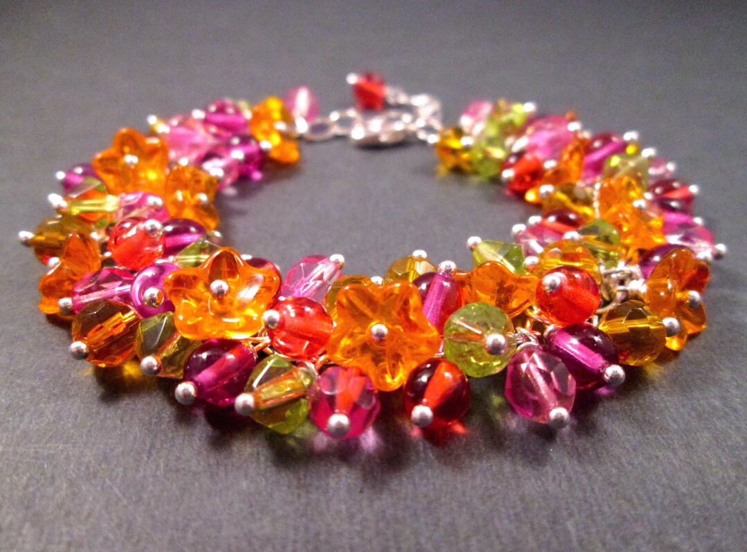 Flower Charm Bracelet Tropical Bouquet Colorful and Silver - Etsy