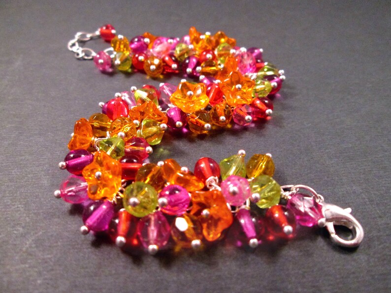 Flower Charm Bracelet Tropical Bouquet Colorful and Silver | Etsy
