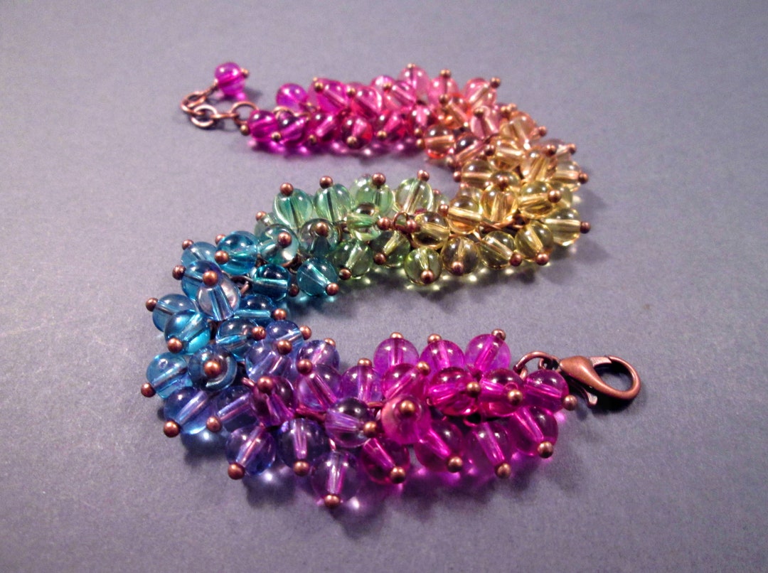 Rainbow Cha Cha Bracelet, Watercolor Glass Beaded Bracelet, Copper ...
