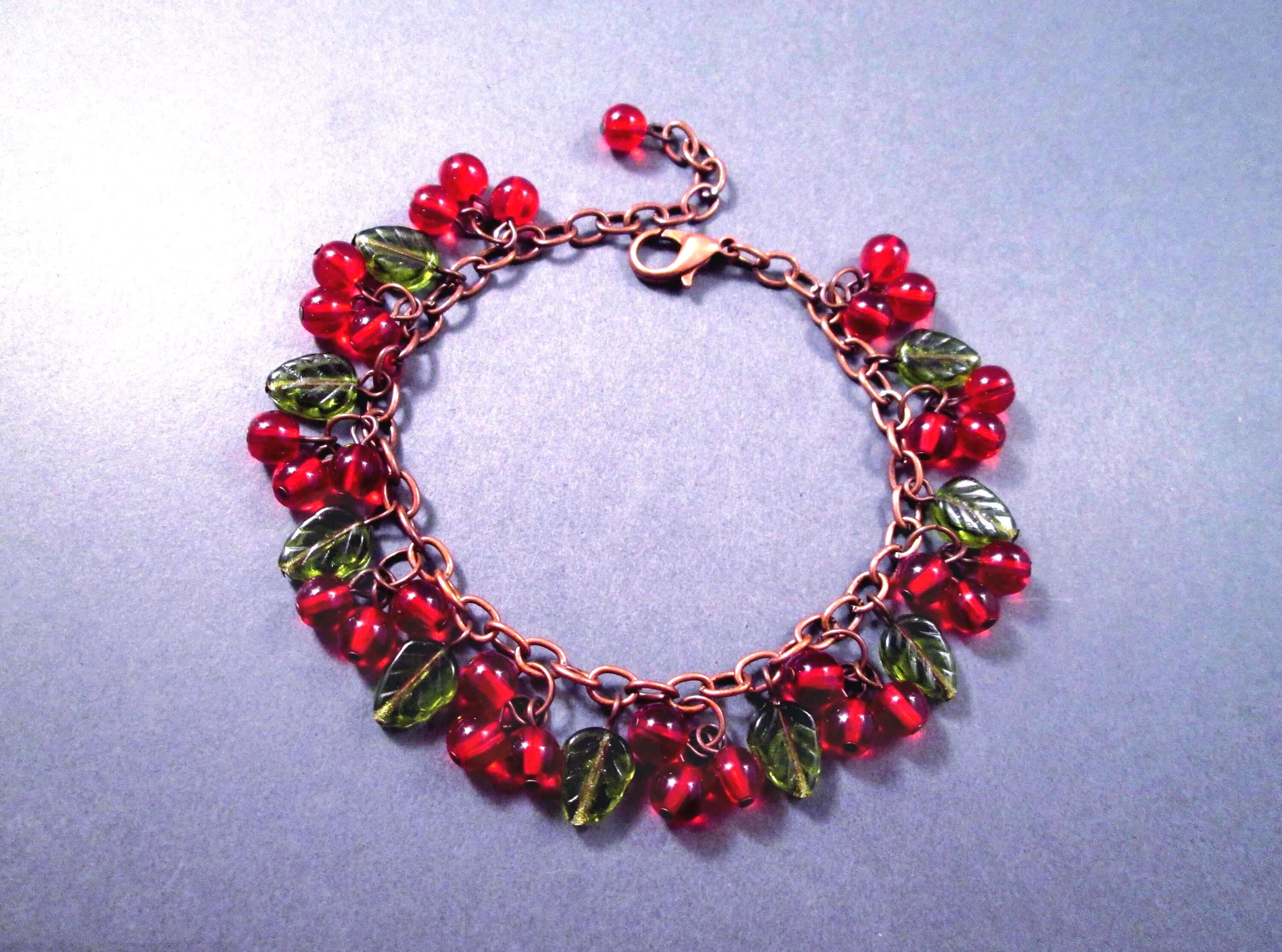 Copper Charm Bracelet, Cherry Berry Bracelet, Cherry Red and Leaf Green ...
