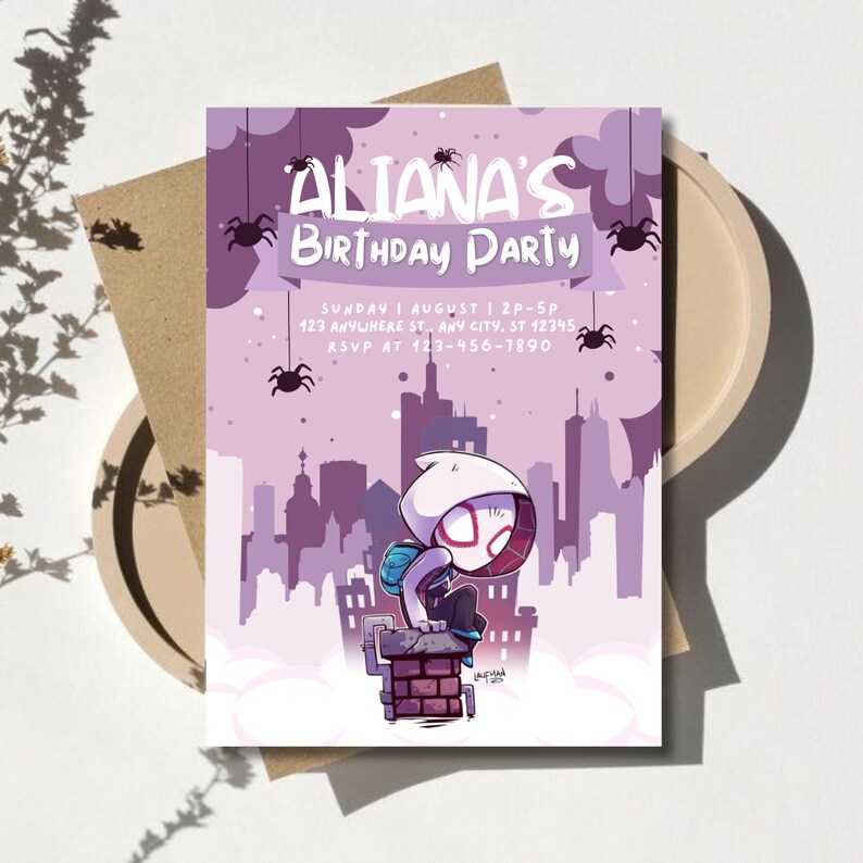 Editable Spider Gwen Birthday Invitation, Web, Mar-vel, Pink, Kids ...