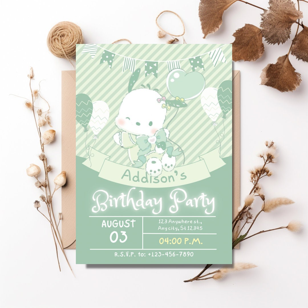 Editable Kawaii Kitty Pocha-cco Birthday Invitation, Kitty and Friends ...
