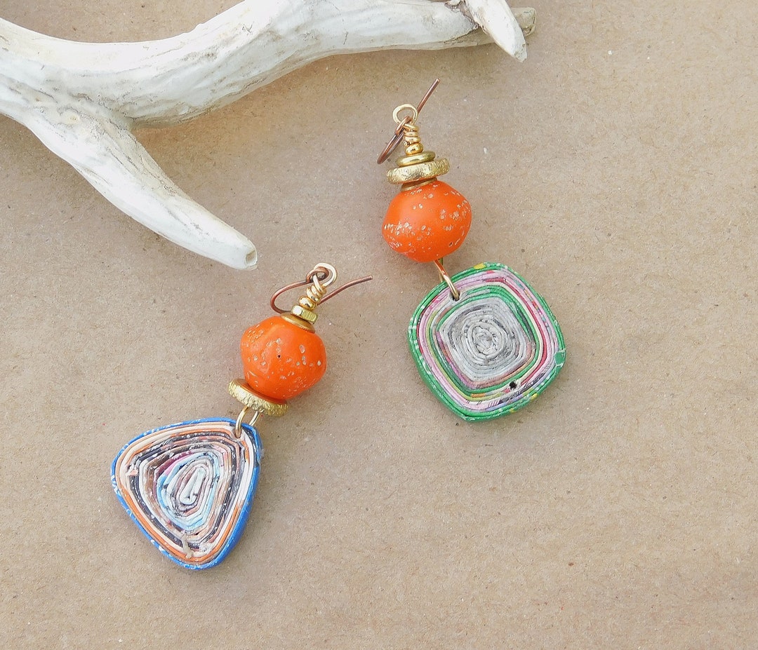 Orange Java Bicone and Paper Bead Earrings - Etsy