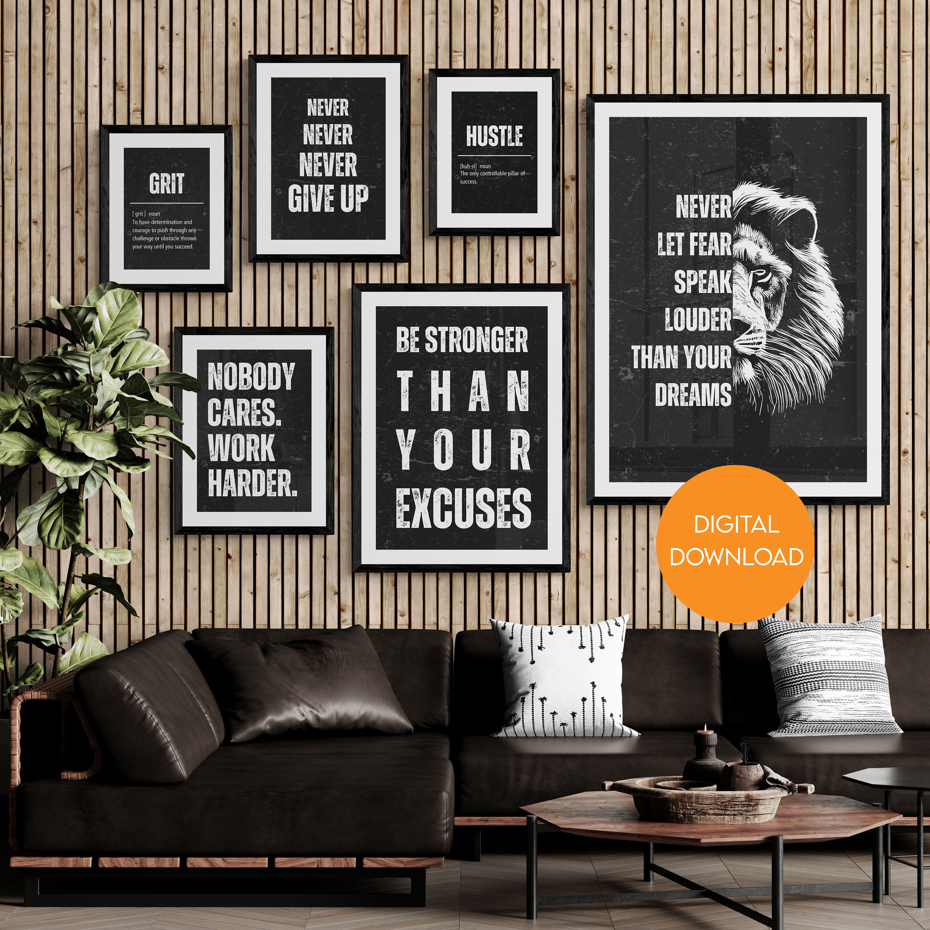 Motivational Quote Art Print Bundle, Masculine Black Decor (digital ...