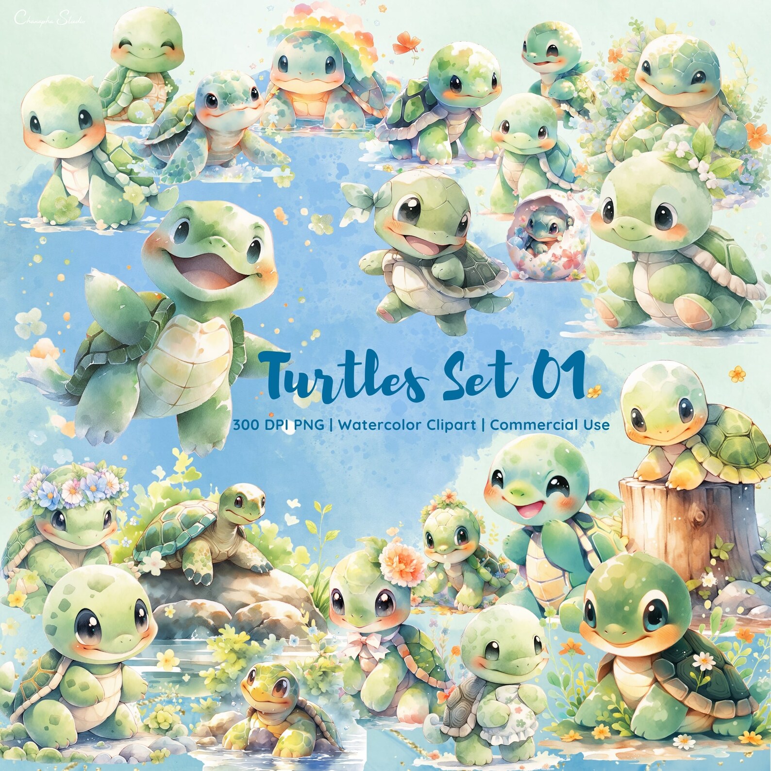 Cute Turtle Watercolor Clipart Set Transparent Background, High ...
