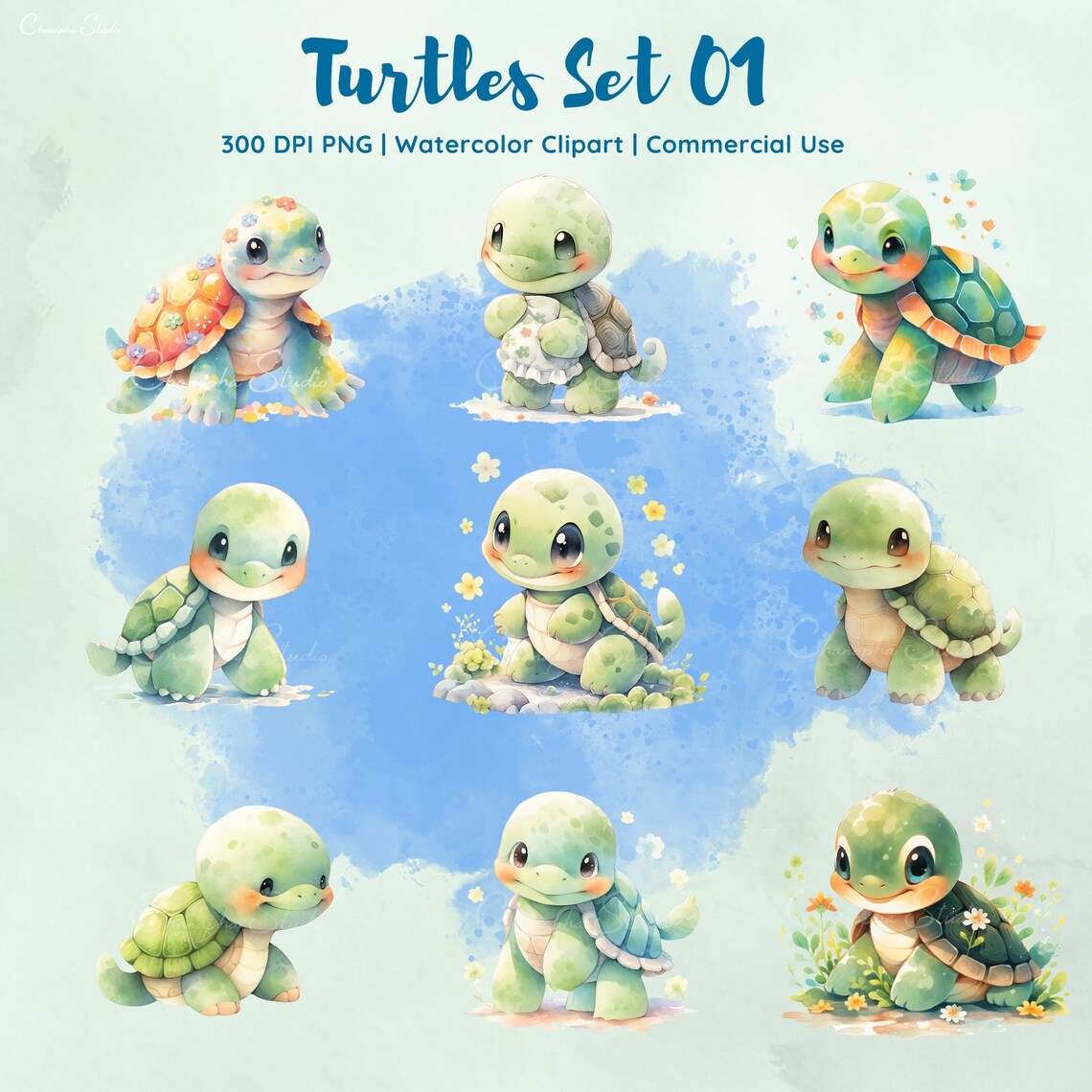 Cute Turtle Watercolor Clipart Set Transparent Background, High ...