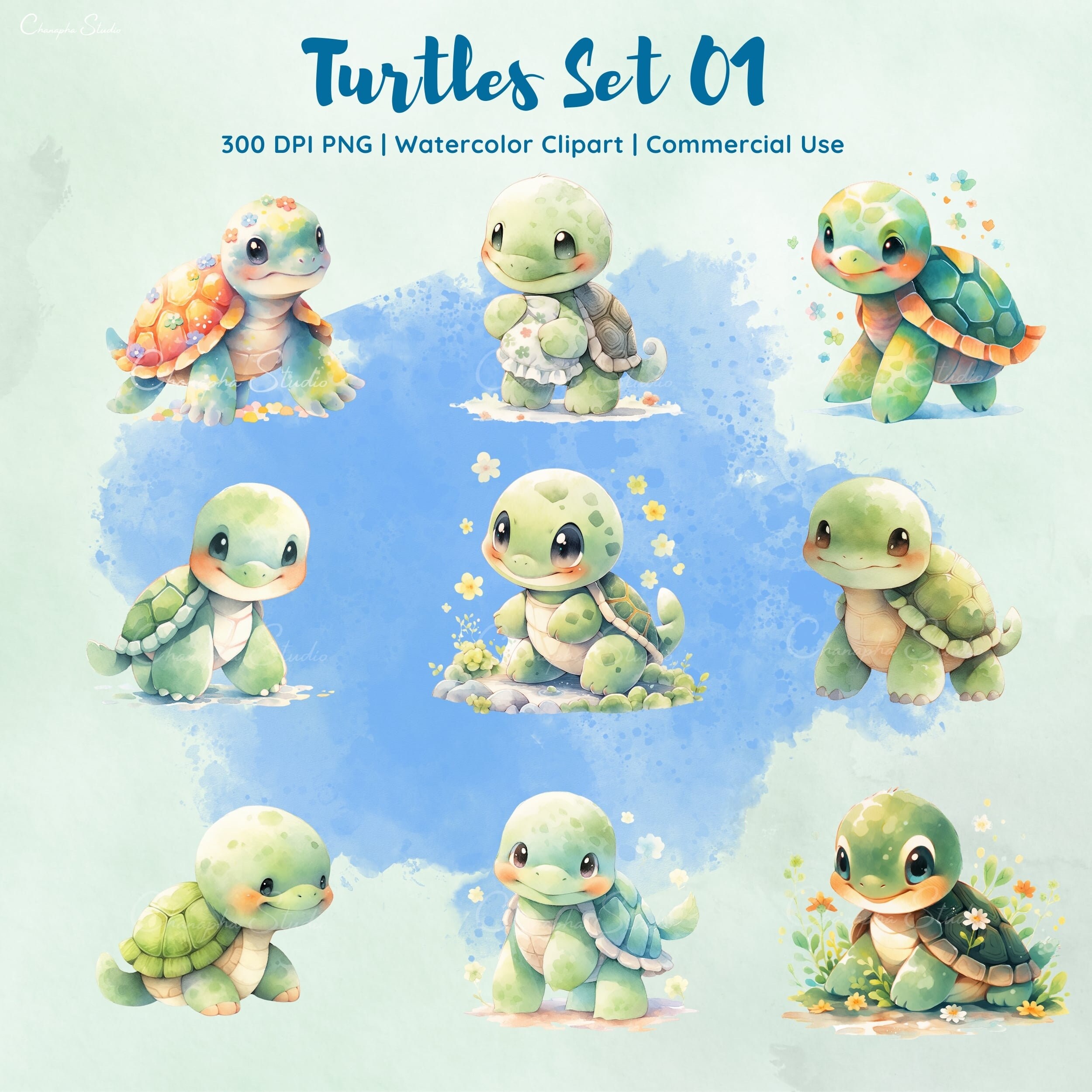Cute Turtle Watercolor Clipart Set - Transparent Background, High ...