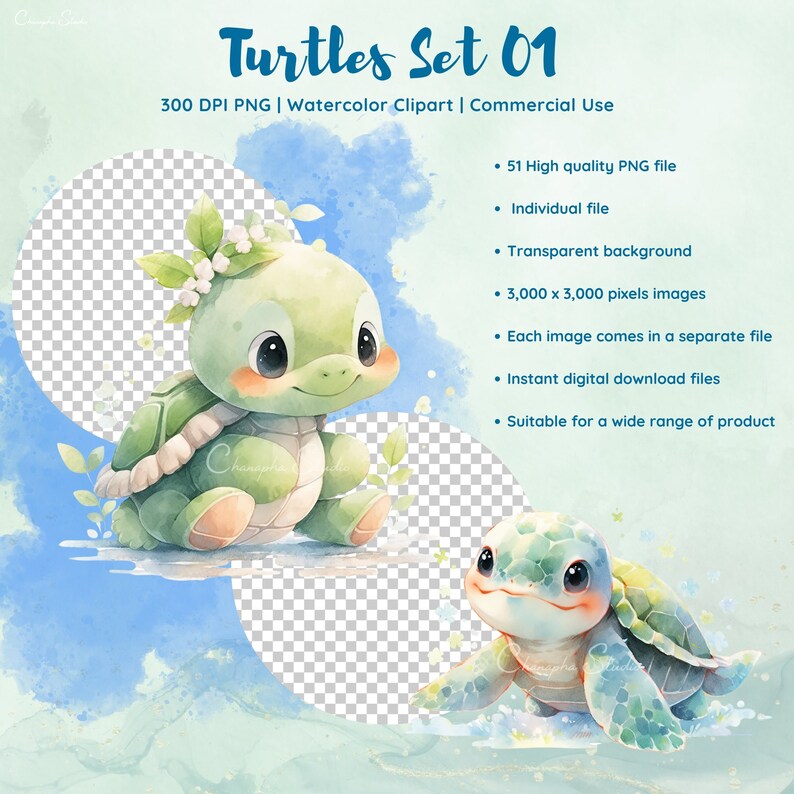 Cute Turtle Watercolor Clipart Set - Transparent Background, High ...
