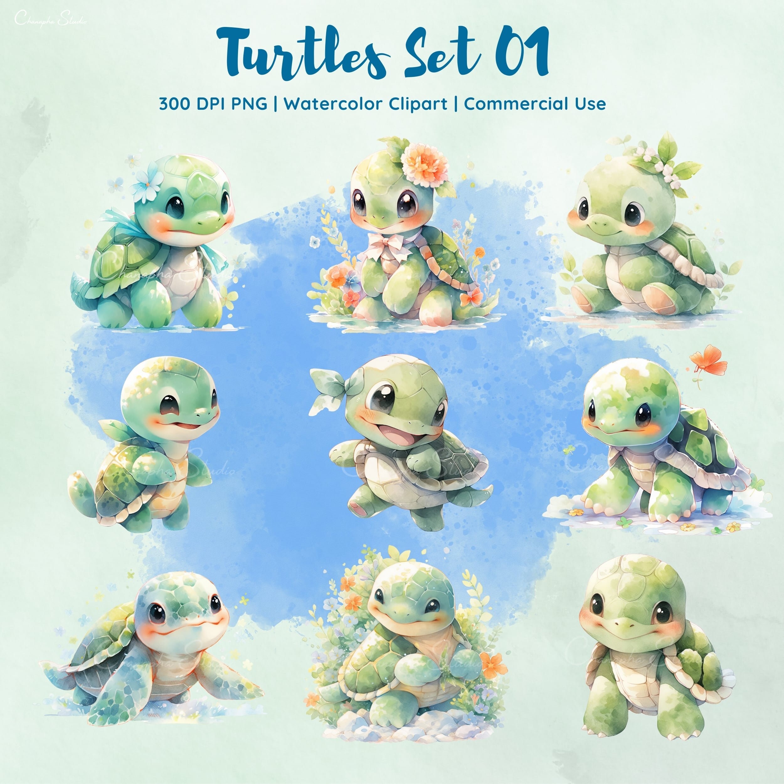 Cute Turtle Watercolor Clipart Set - Transparent Background, High ...