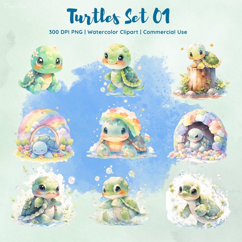 Cute Turtle Watercolor Clipart Set - Transparent Background, High ...