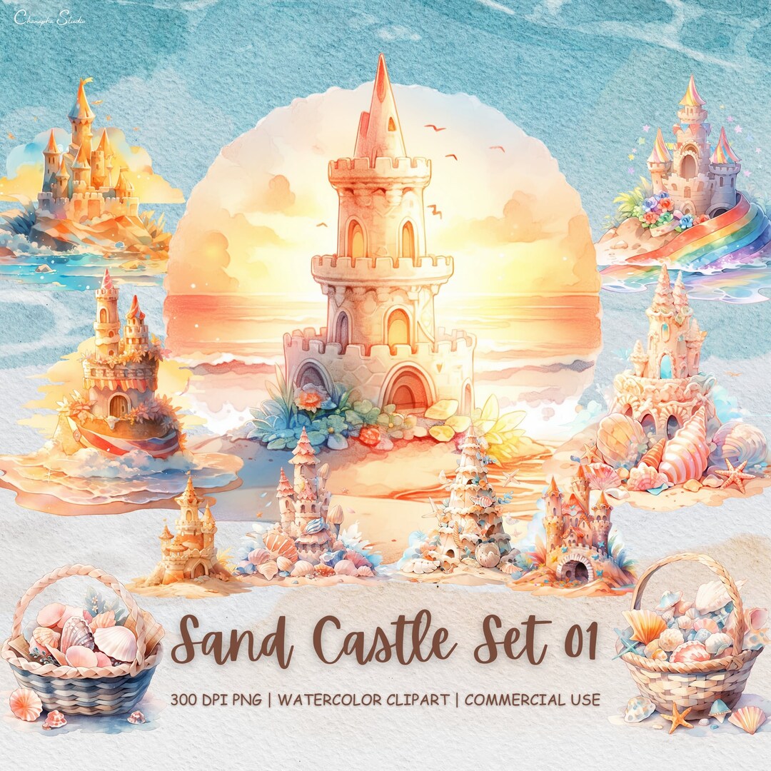 Enchanting Sand Castle Watercolor Clipart for Scrapbooking, Fairy Tale ...